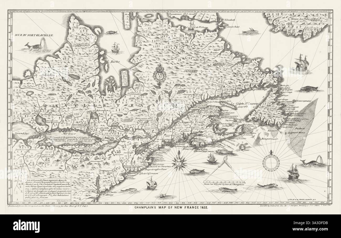 Champlain's 1632 map of New France. Nouvelle France. Canada 1850 old ...