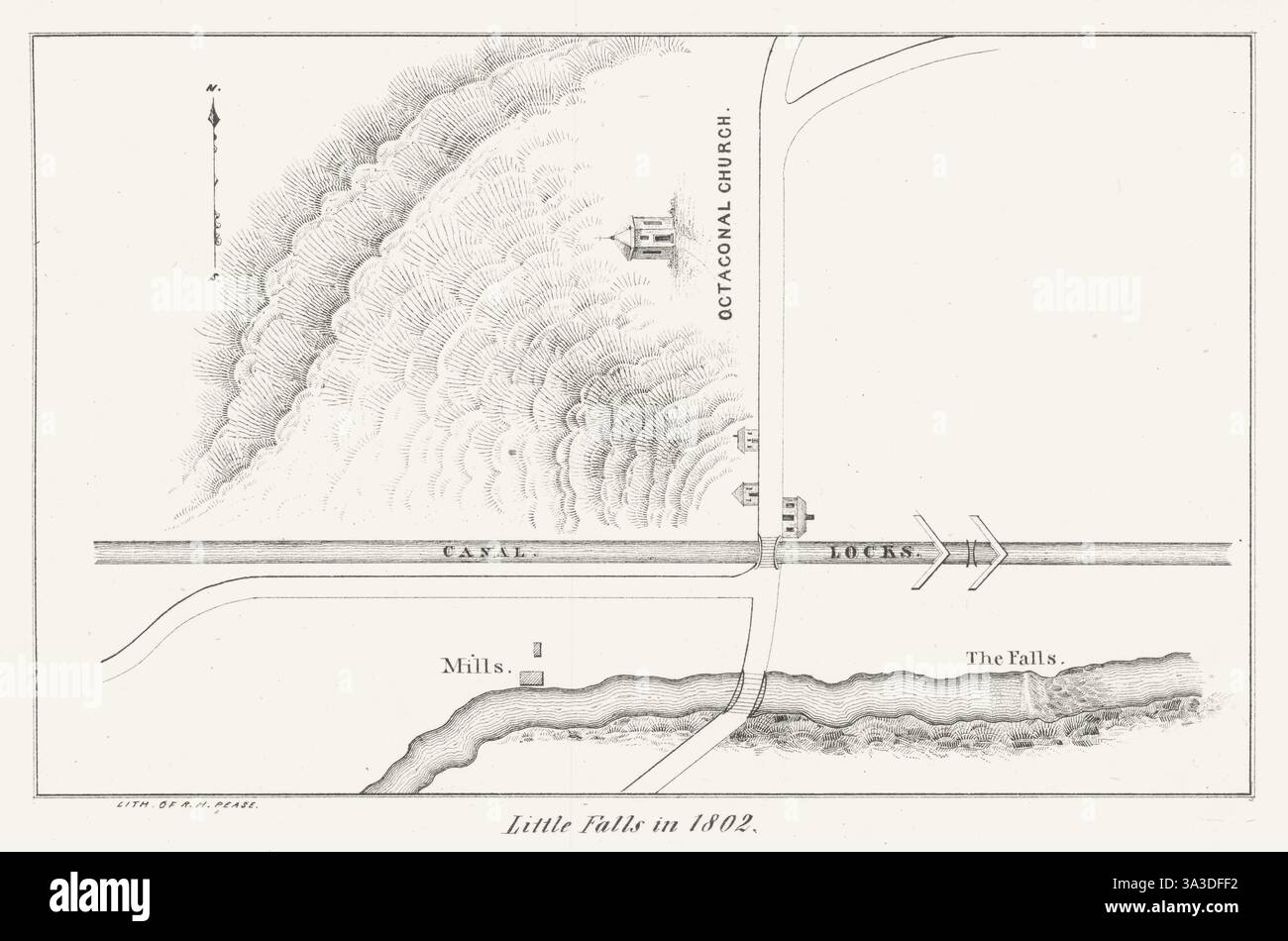 Town/city plan of Little Falls, New York, in 1802. Octagonal Church ...
