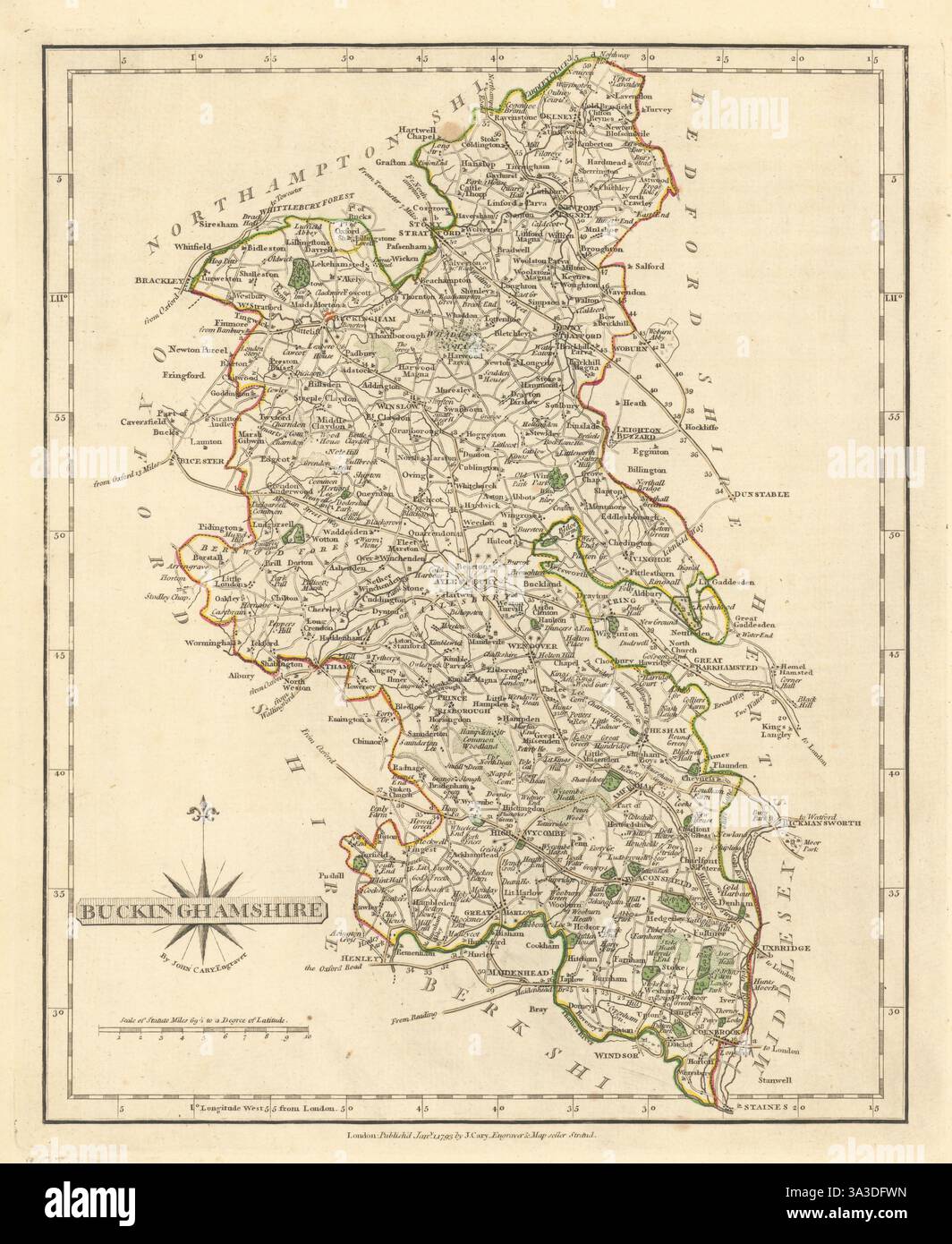 Antique county map of BUCKINGHAMSHIRE by JOHN CARY. Original outline ...