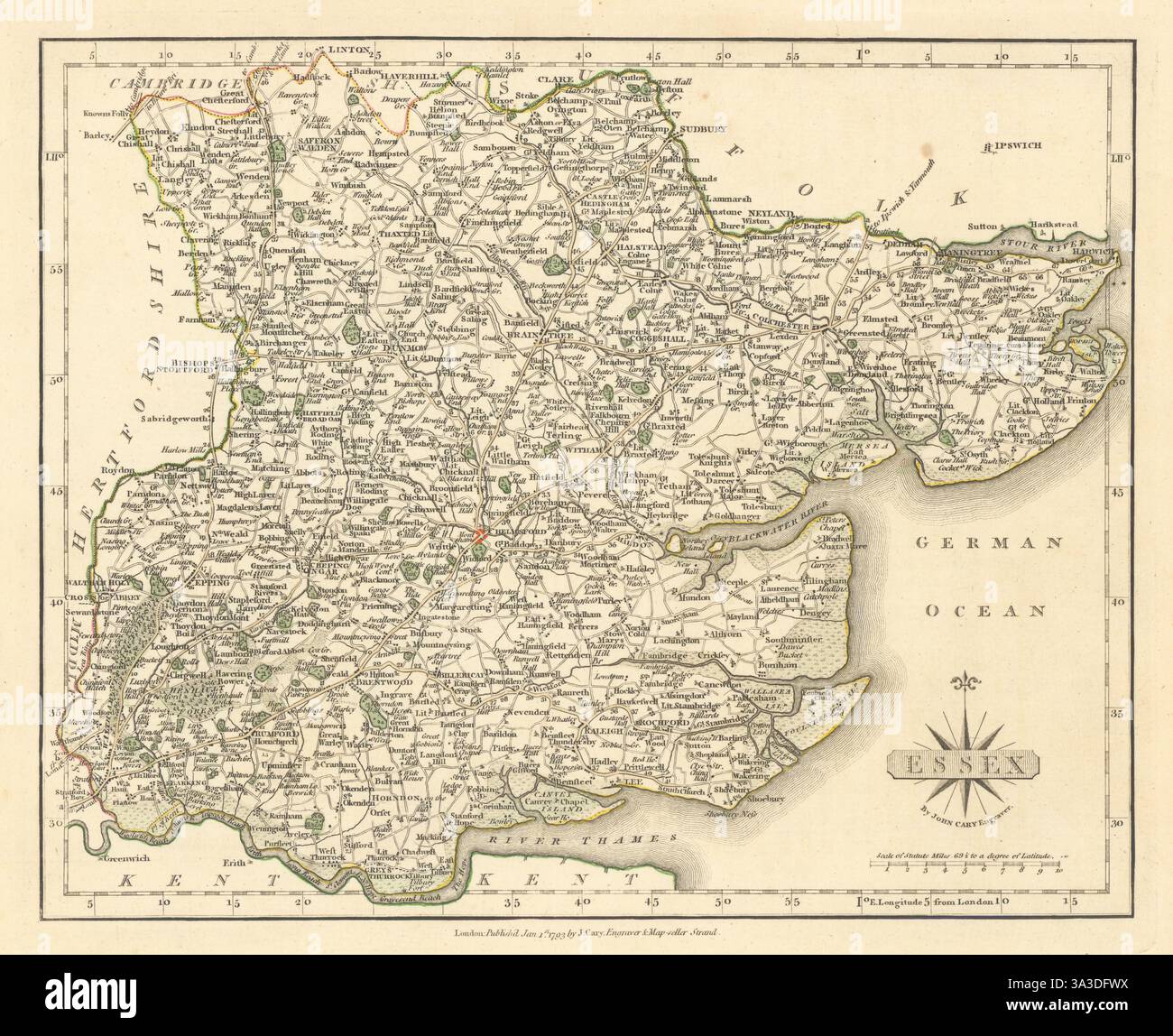 Antique county map of ESSEX by JOHN CARY. Original outline colour 1793 ...