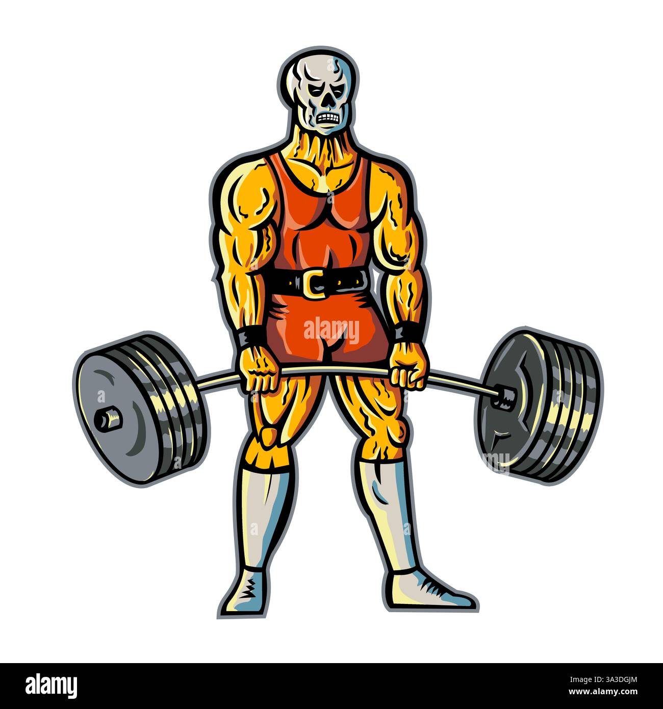 Retro style illustration of a mascot skull or skeleton powerlifter ...