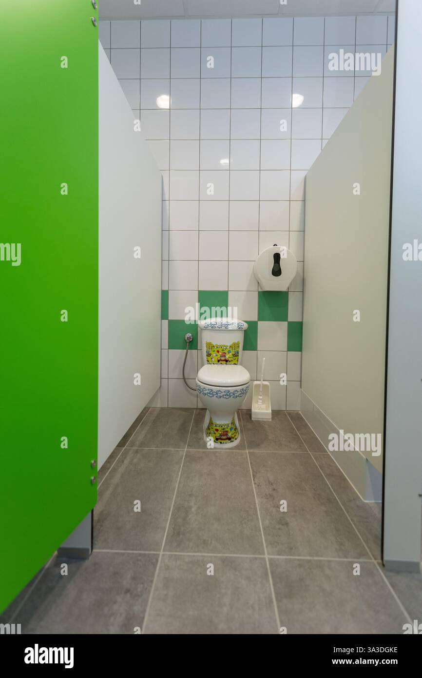 This is a Modern Restroom Interior featuring Colorful Accents, showing ...