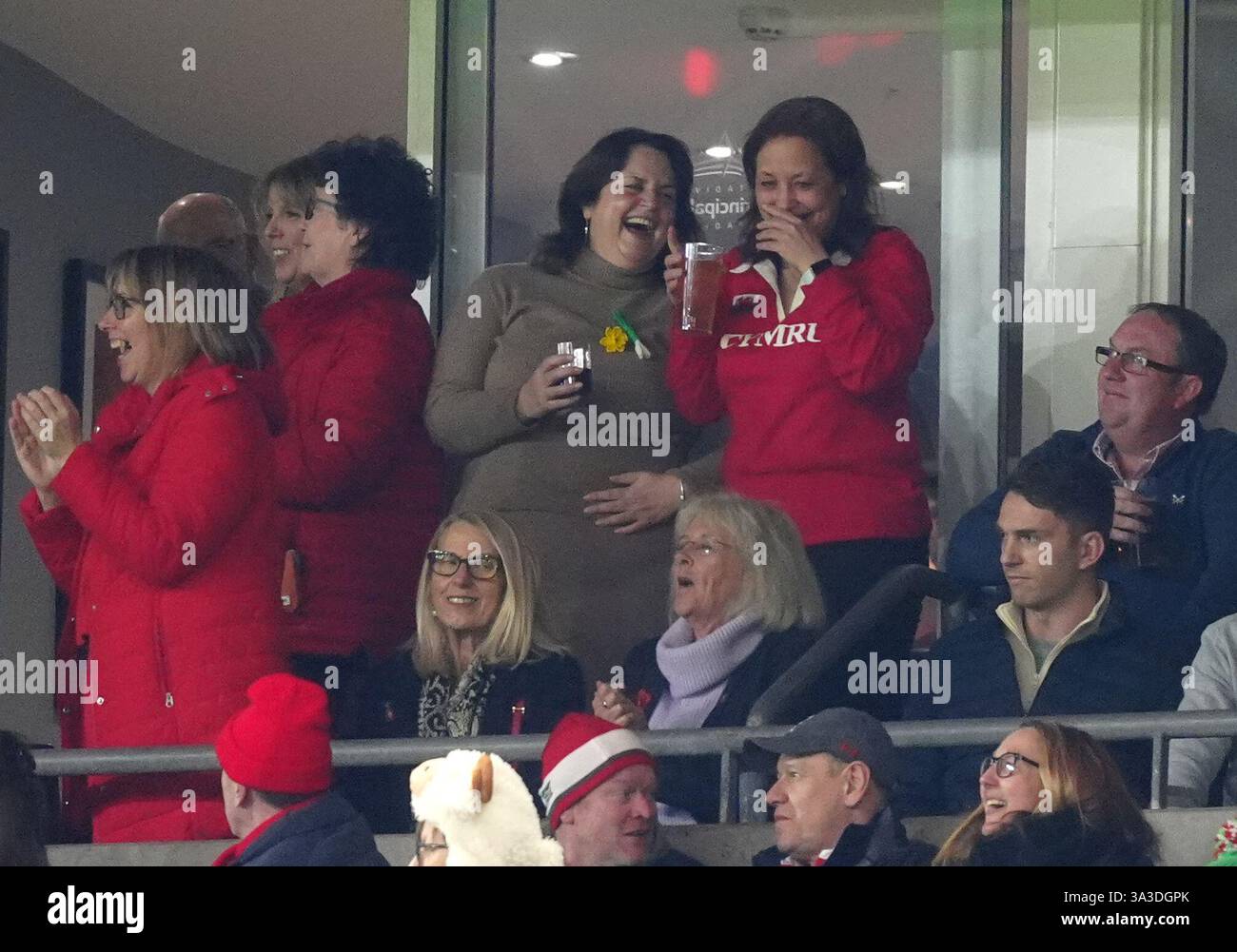 Ruth Jones (centre) in the stands during the Guinness Men's Six Nations ...