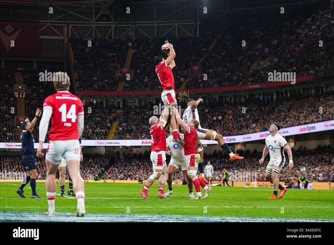 Dafydd Jenkins of Wales wins the line out during the 2025 Guinness 6 ...