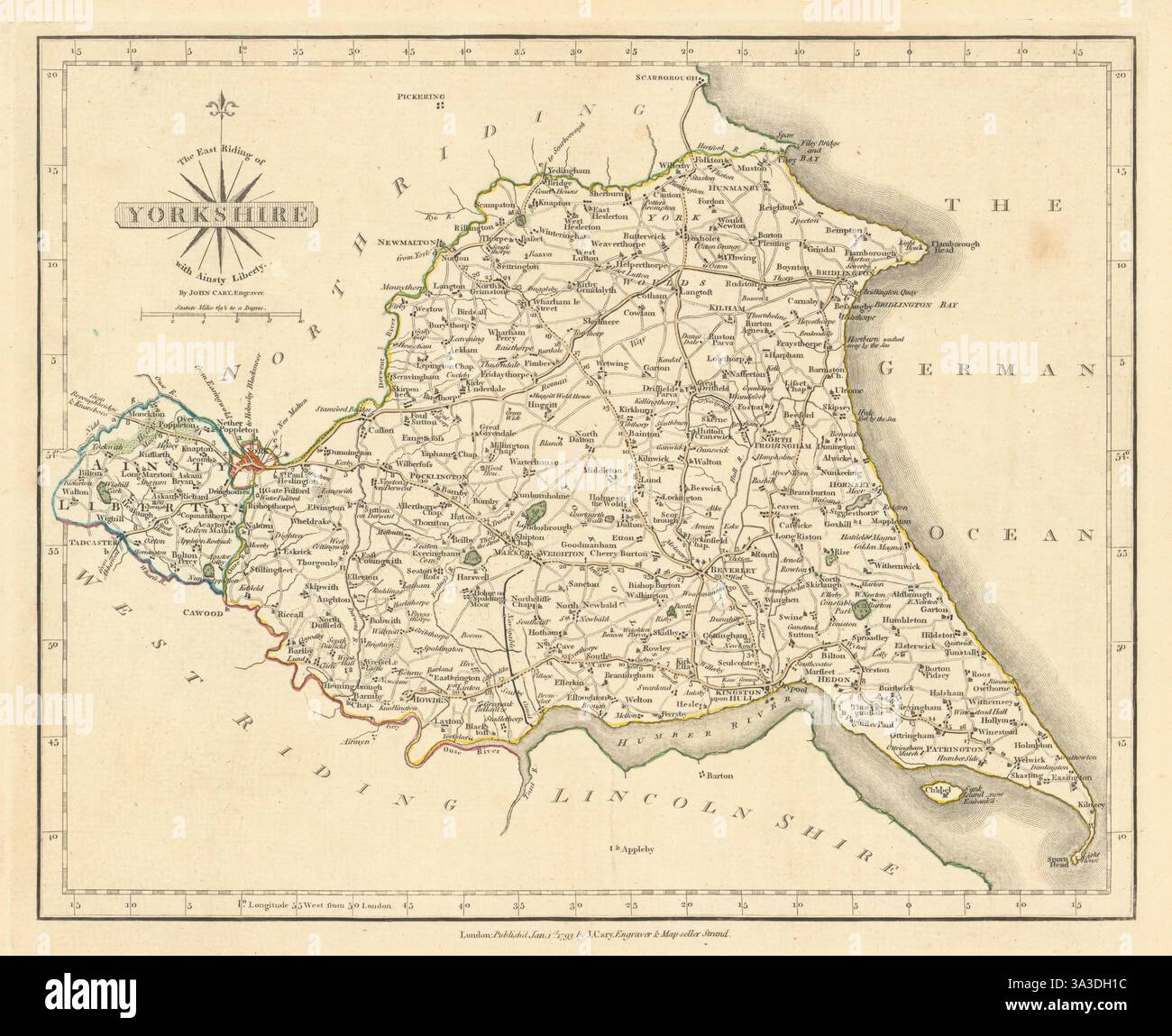 EAST RIDING OF YORKSHIRE antique map by JOHN CARY. Original outline ...