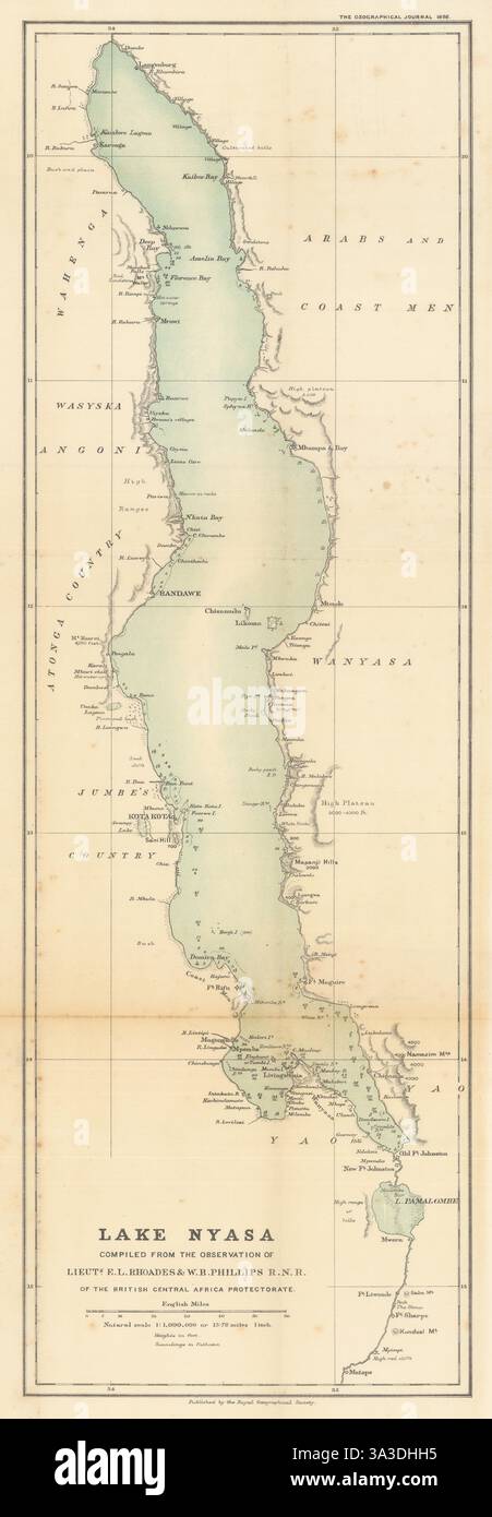 Lake Nyasa by E. L. Rhoades & W. B. Phillips. Malawi East Africa. RGS 1898 map Stock Photo - Alamy