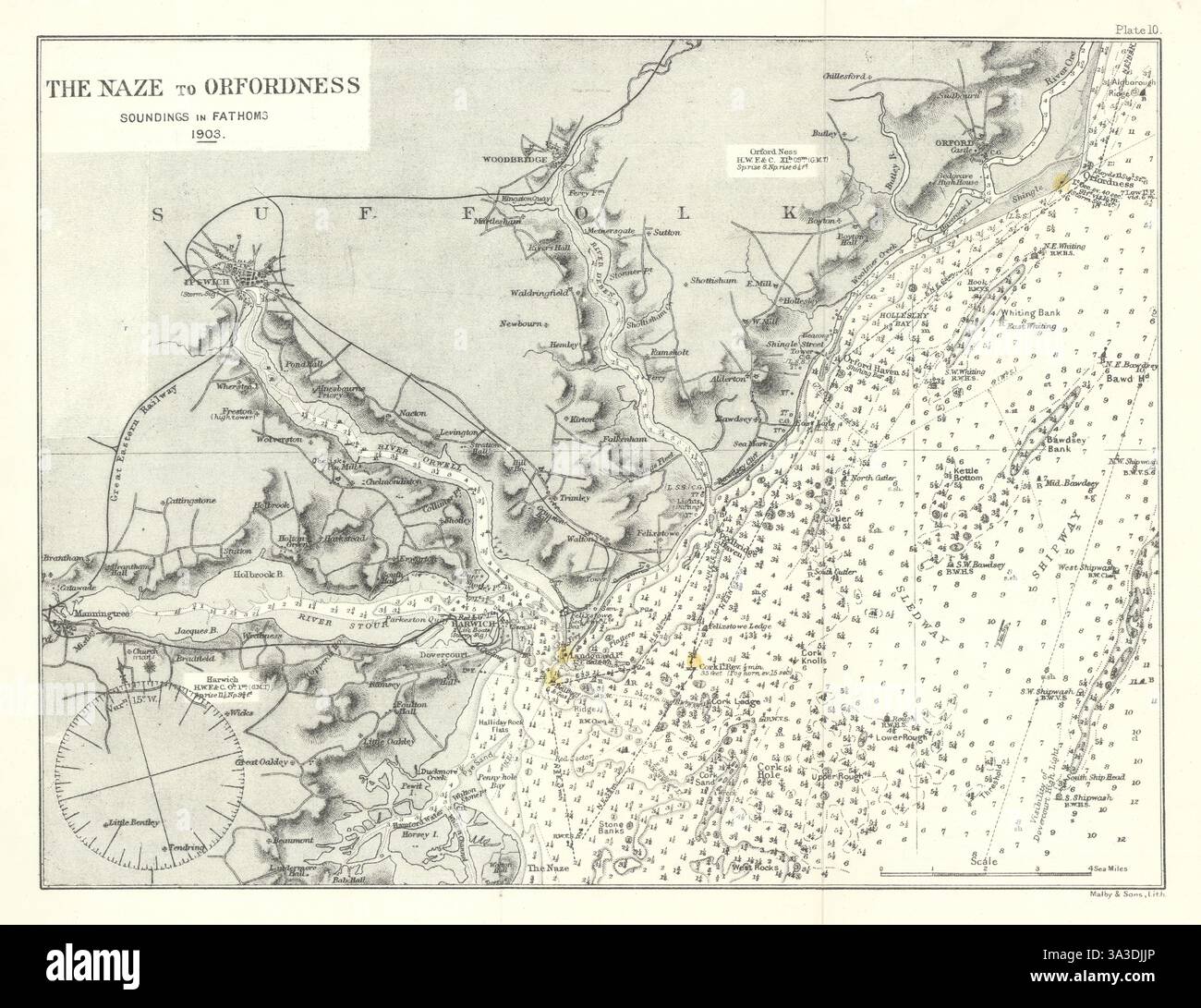 The Naze to Orford Ness nautical sailing sea chart Suffolk/Essex 1903 ...