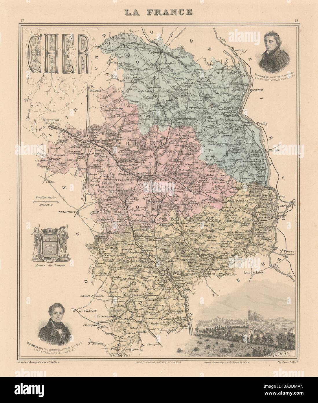 Cher département. Bourges vignette. Vuillemin 1890 old antique map plan ...