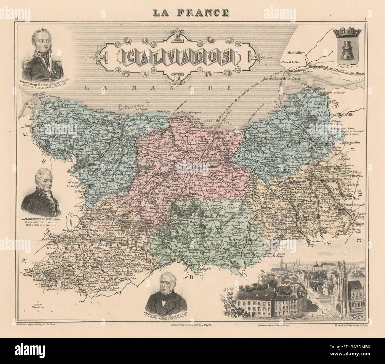 Calvados département. Caen vignette. Vuillemin 1890 old antique map ...