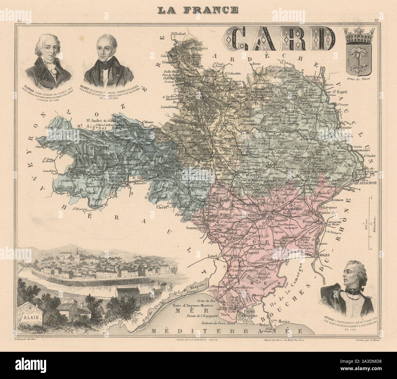 Gard département. Alais vignette. Vuillemin 1890 old antique map plan ...
