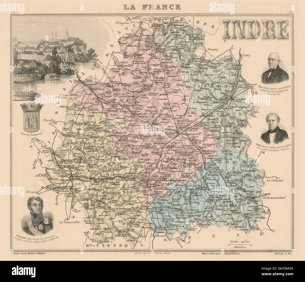 Indre département. Châteauroux vignette. Vuillemin 1890 old antique map ...