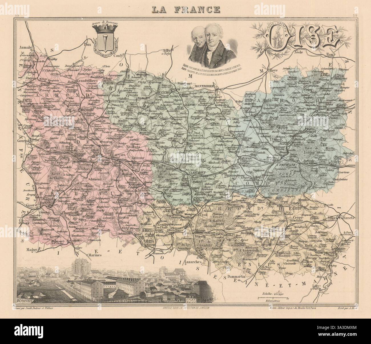 Oise département. Beauvais vignette. Vuillemin 1890 old antique map ...