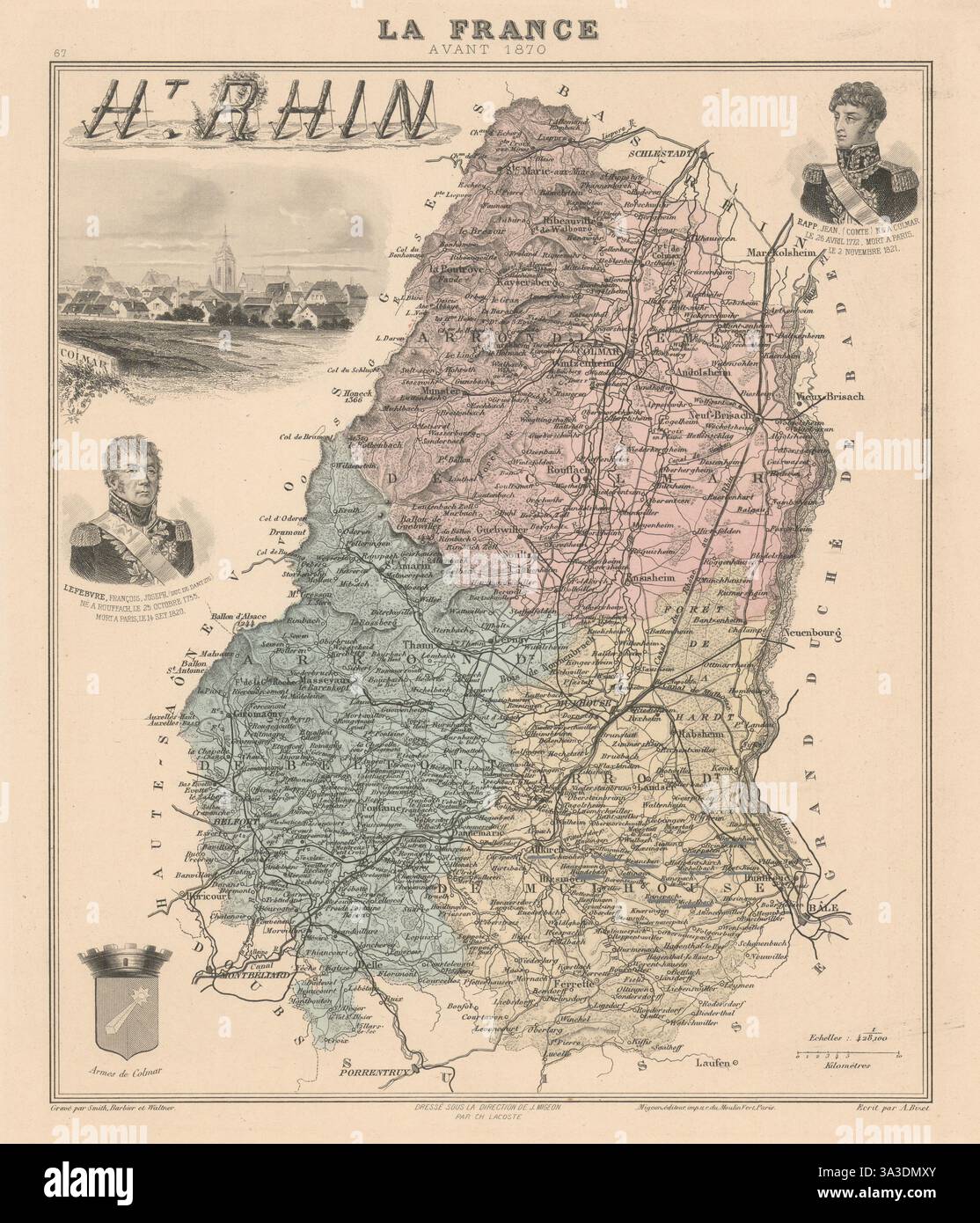 Haut-Rhin département. Colmar vignette. Vuillemin 1890 old antique map ...