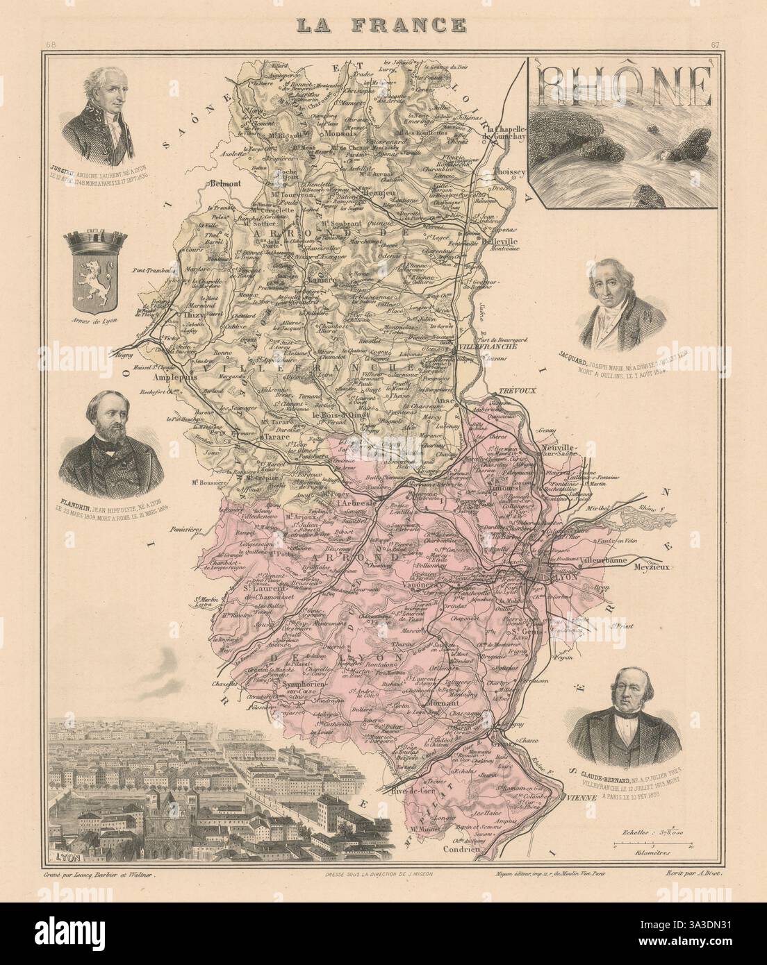 Rhône département. Lyon vignette. Vuillemin 1890 old antique map plan ...
