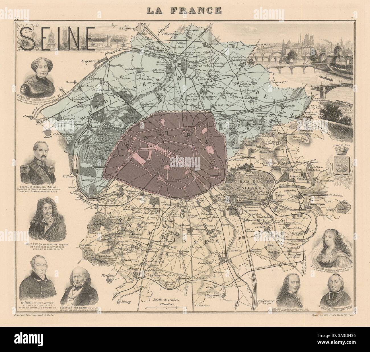 Seine département. Paris. Paris vignette. Vuillemin 1890 old antique ...
