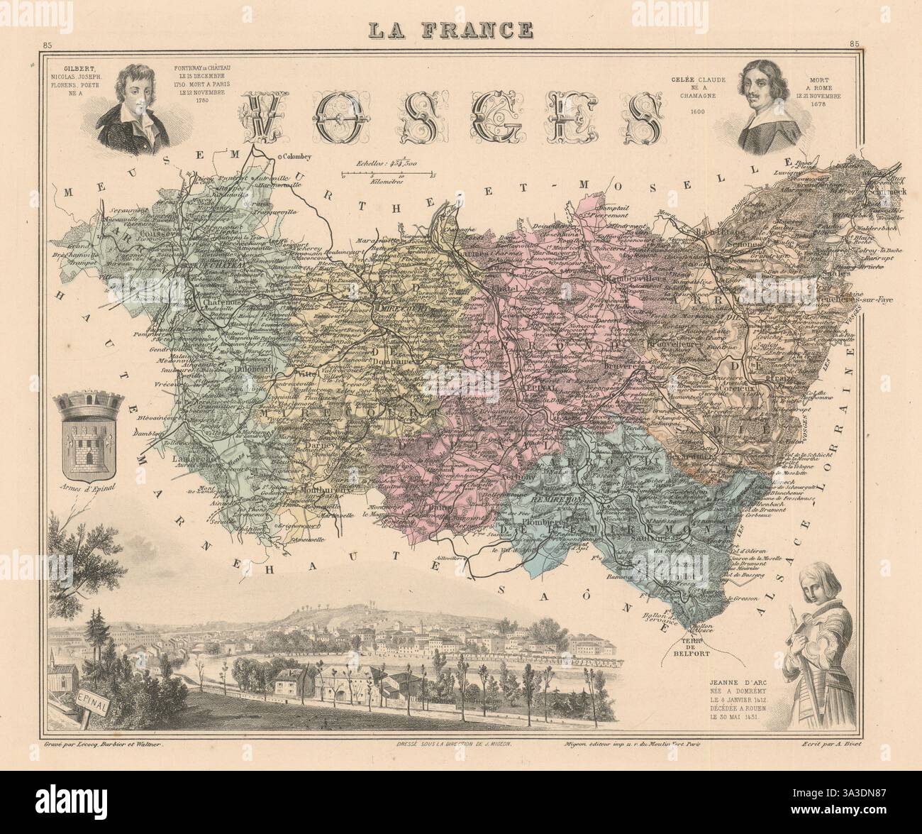 Vosges département. Épinal vignette. Vuillemin 1890 old antique map ...