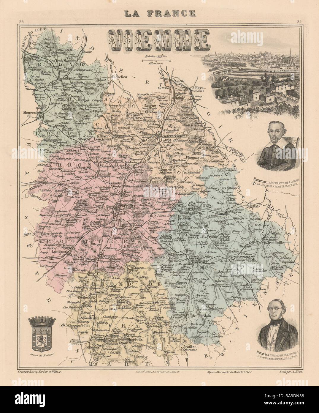 Vienne département. Poitiers vignette. Vuillemin 1890 old antique map ...
