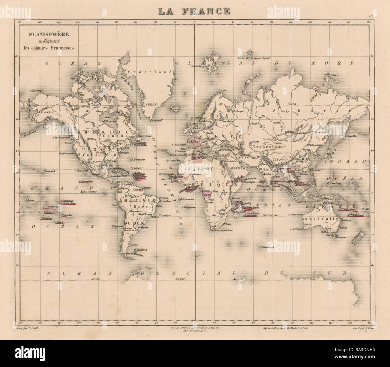 Planisphère indiquant les colonies Françaises. World + French colonies ...