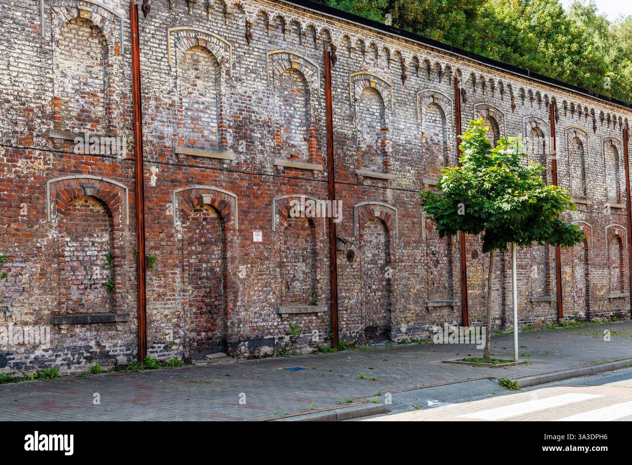 Bricked up doors and windows in wall, Bois-du-Luc mining museum, the ...