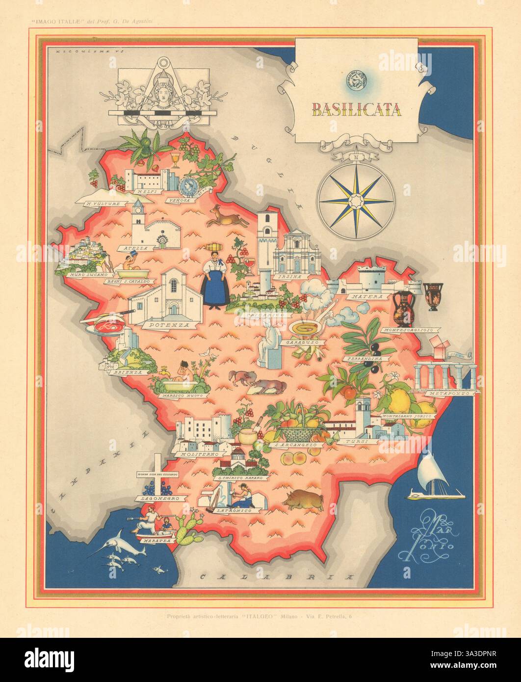 Basilicata pictorial map by Vsevolode Nicouline. Italgeo/Agostini 1950 ...