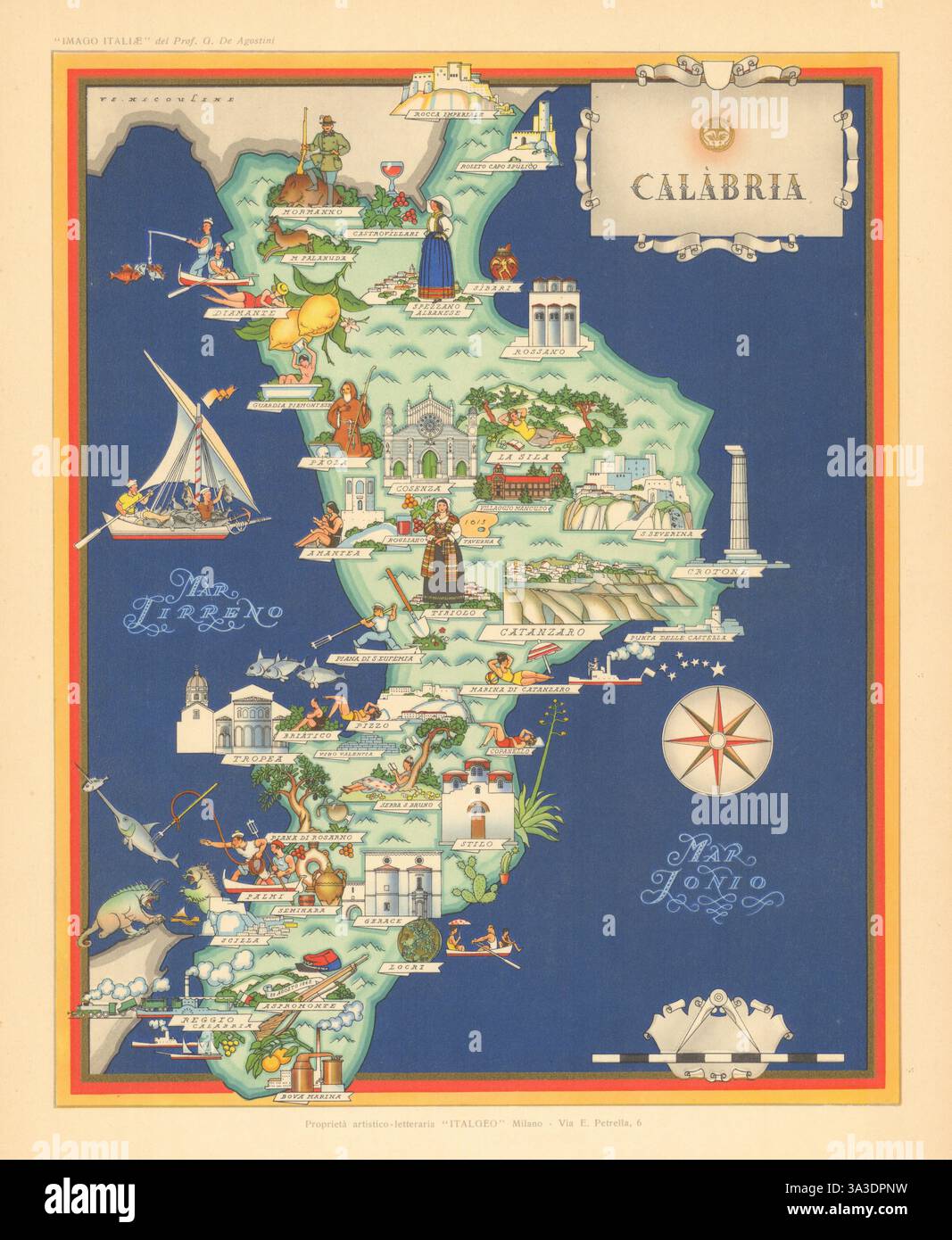 Calabria pictorial map by Vsevolode Nicouline. Italgeo/Agostini 1950 ...