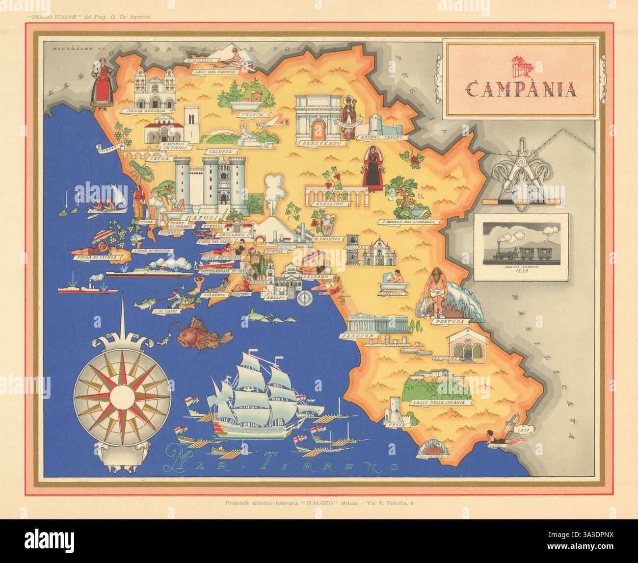 Campania pictorial map by Vsevolode Nicouline. Italgeo/Agostini 1950 ...