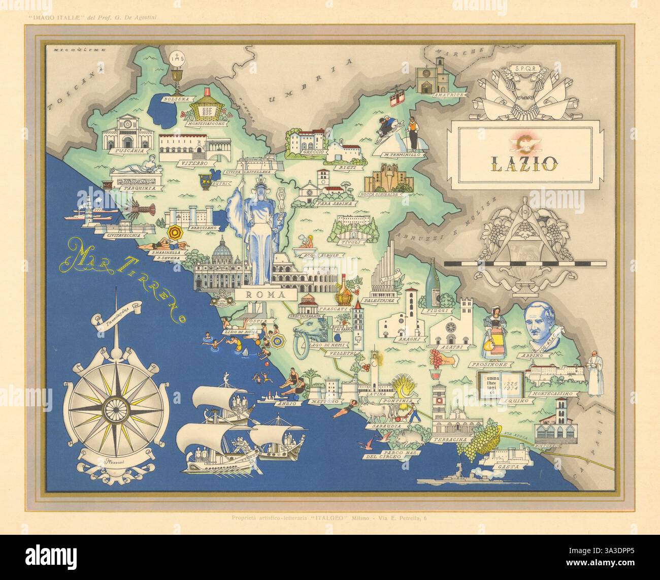 Lazio pictorial map by Vsevolode Nicouline. Italgeo/Agostini 1950 old ...