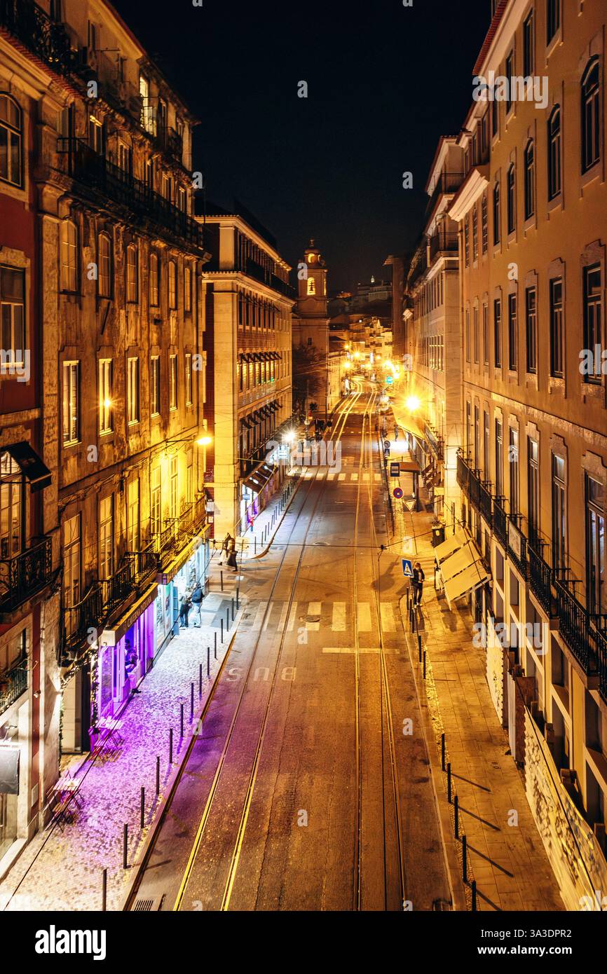 Lisbon, Portugal - January 2, 2025: A quiet street in Lisbon at night ...