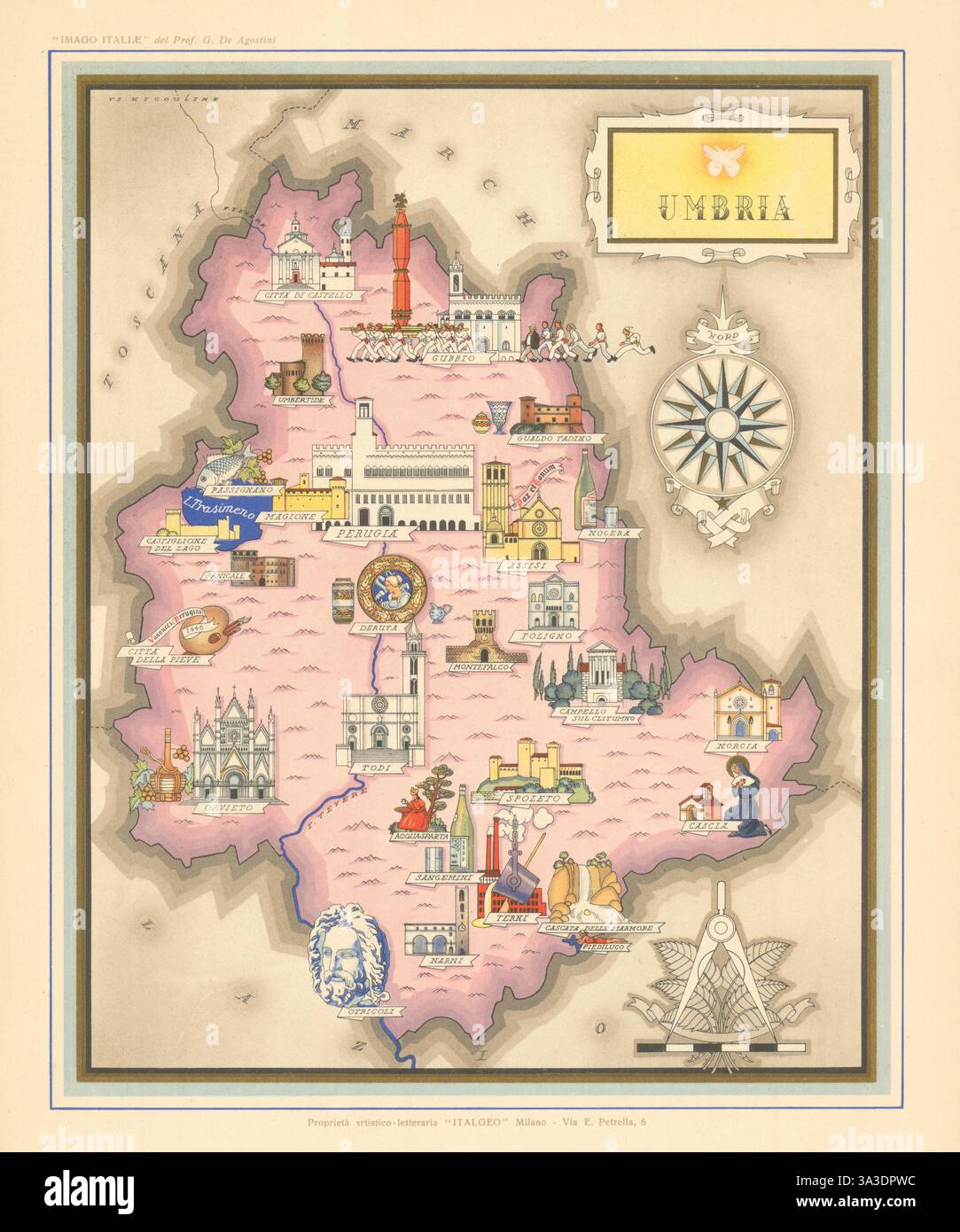 Umbria pictorial map by Vsevolode Nicouline. Italgeo/Agostini 1951 old ...