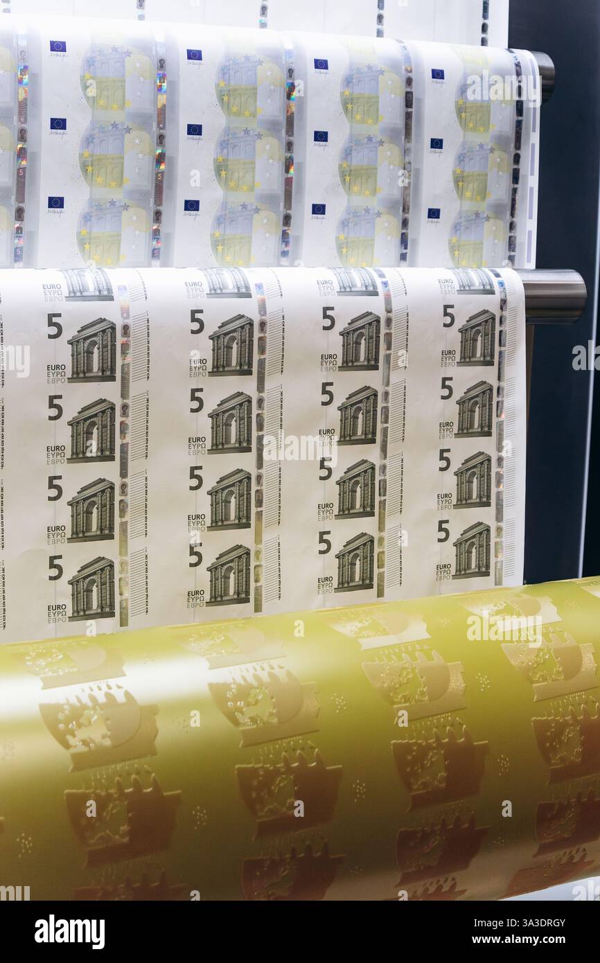 Lisbon, Portugal - January 2, 2025: A display of Euro banknote printing ...