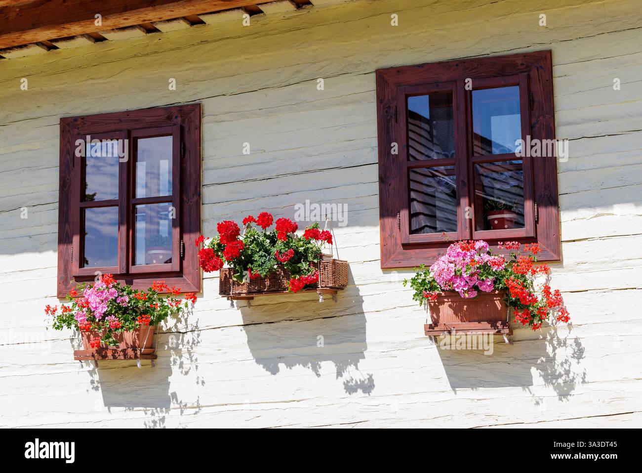 Window boxes in the folk architecture village Vlkolinec, Slovakia Stock ...