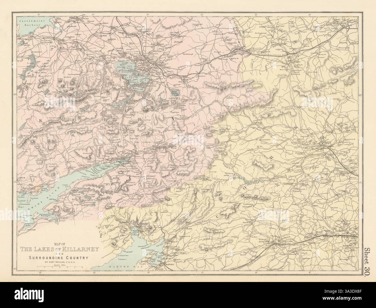 KILLARNEY LAKES Kerry Bantry Kenmare Cork. Antique map by GW BACON 1883 ...