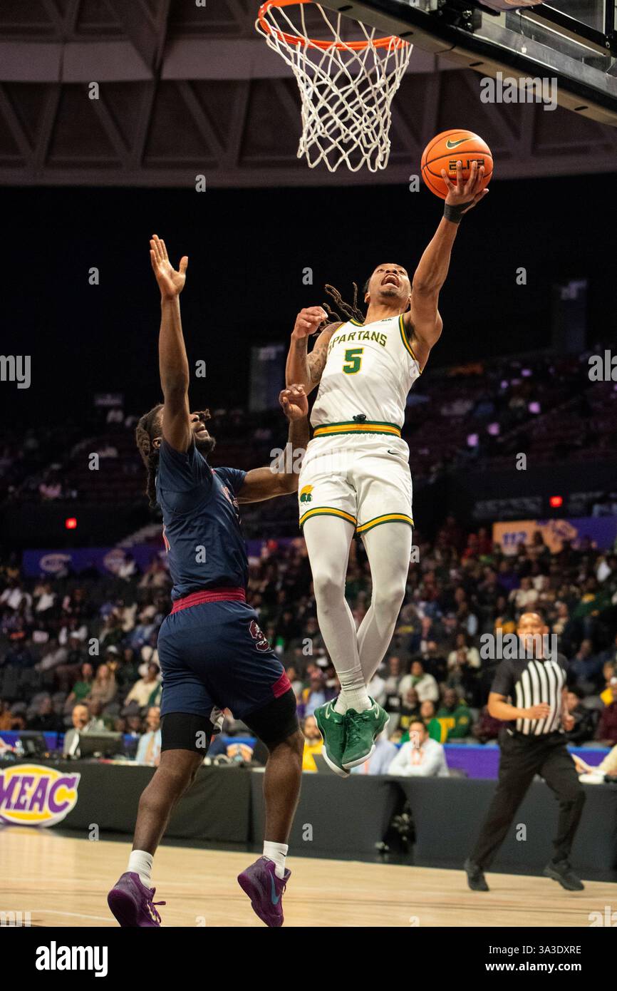 Norfolk State guard Brian Moore Jr. (5) attempts a lay-up over South ...