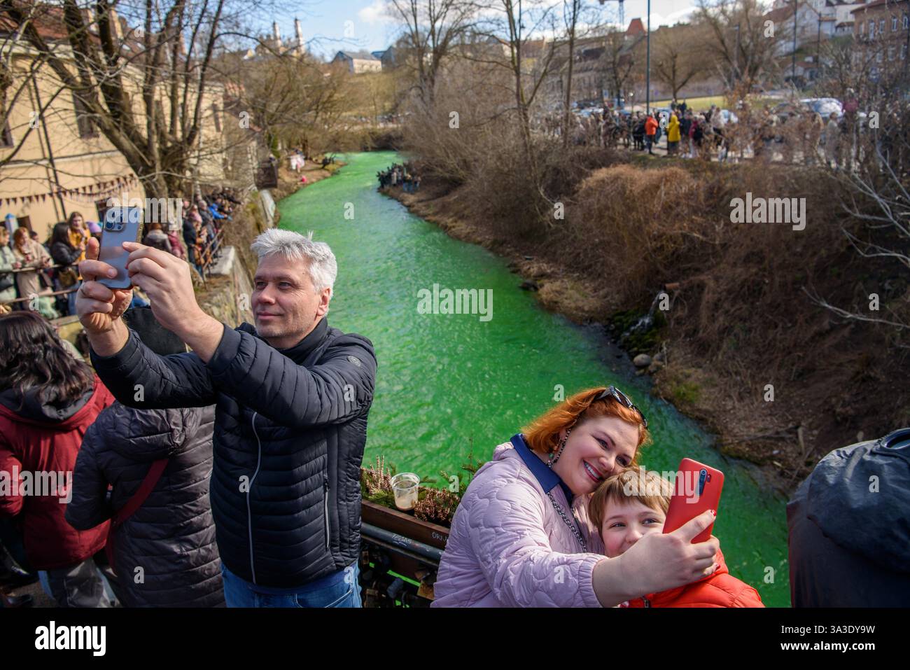 Vilnius, Lithuania. 15th Mar, 2025. People take selfies against the ...