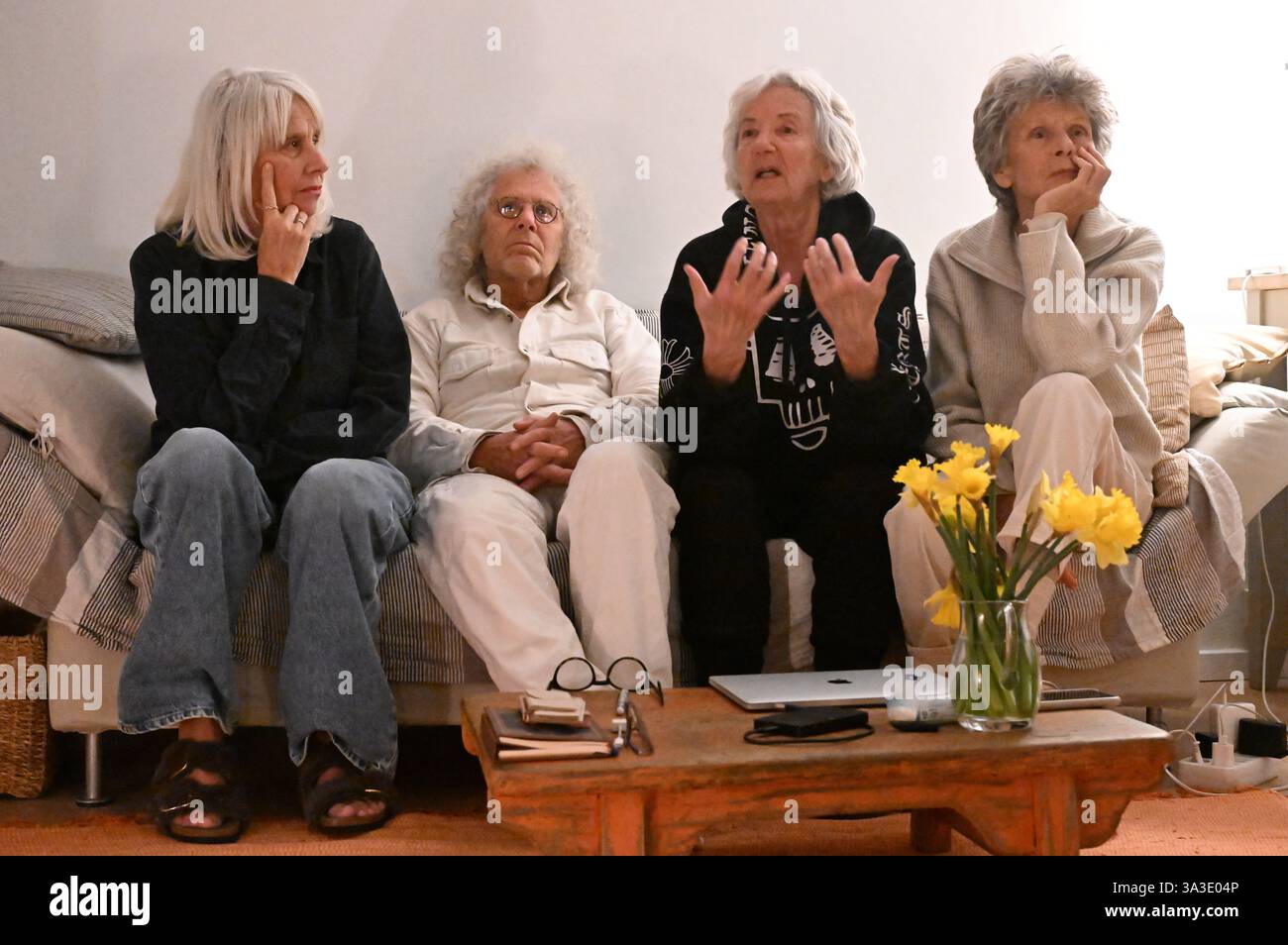 Munich, Germany. 14th Mar, 2025. Gisela Getty (l-r), Rainer Langhans, Christa Ritter and ...