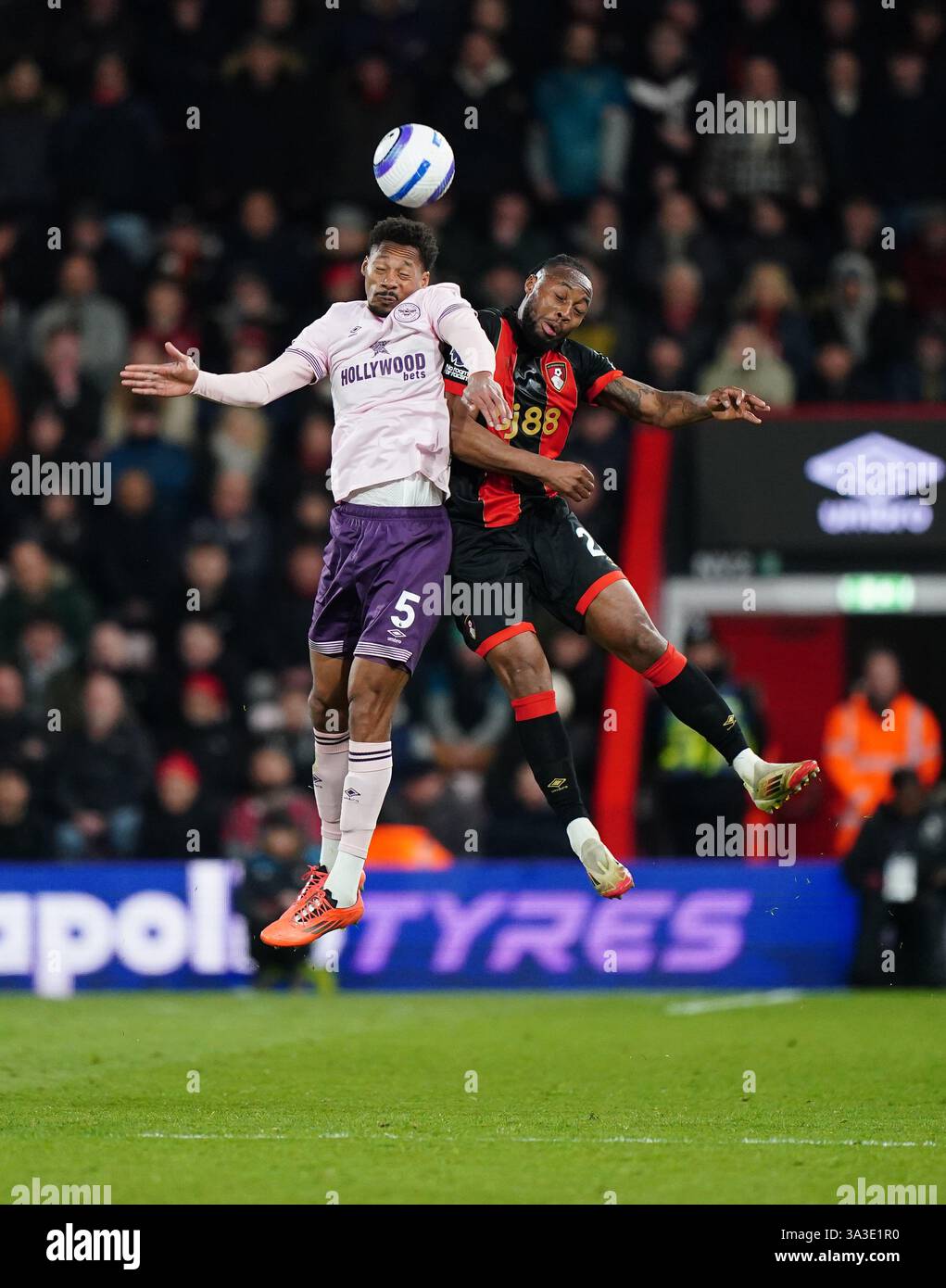 Bournemouth's Antoine Semenyo (right) and Brentford's Ethan Pinnock ...