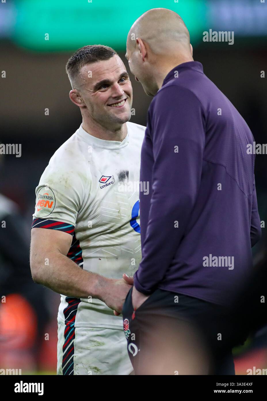 Cardiff, UK. 15th Mar, 2025. Ben Earl of England and England Head Coach Steve Borthwick shake ...