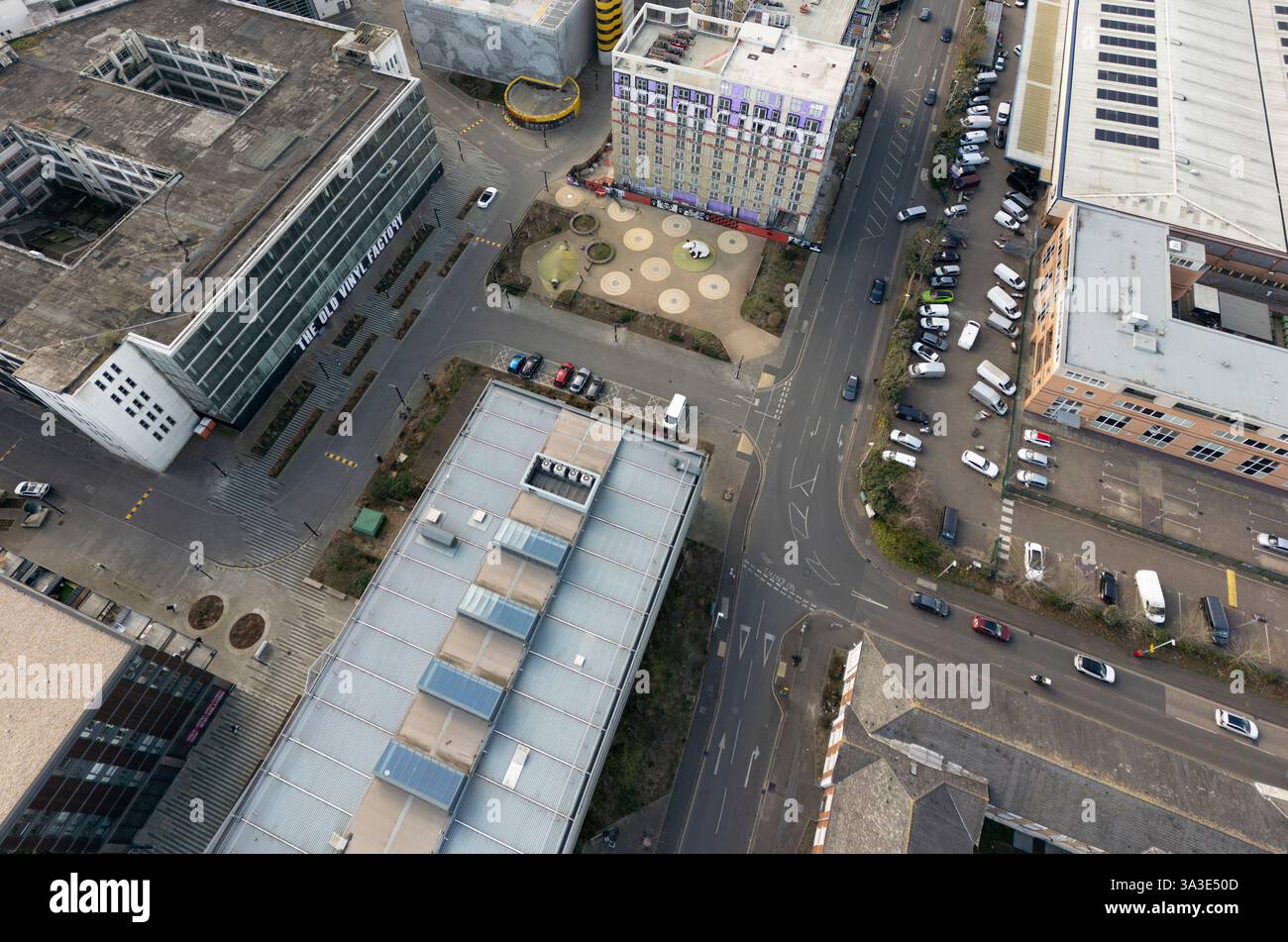 Aerial view of The Old Vinyl Factory, London, UK. Buildings, roads, and ...