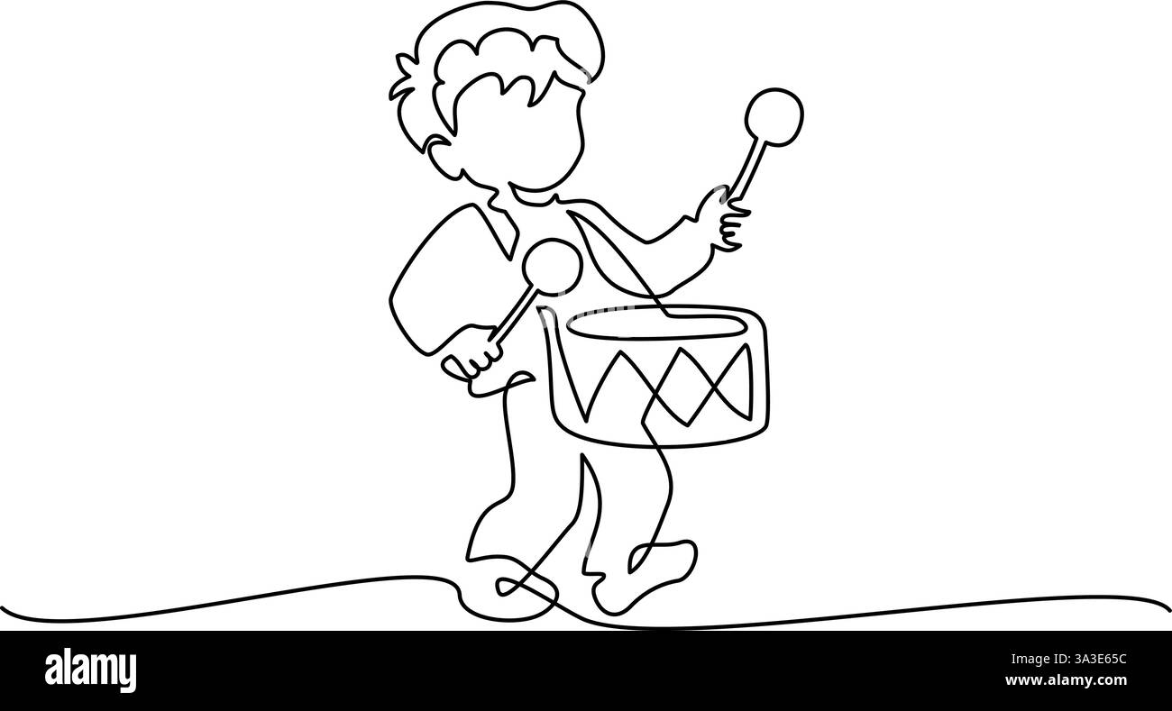 Schoolboy playing drums. Continuous one line drawing design style ...