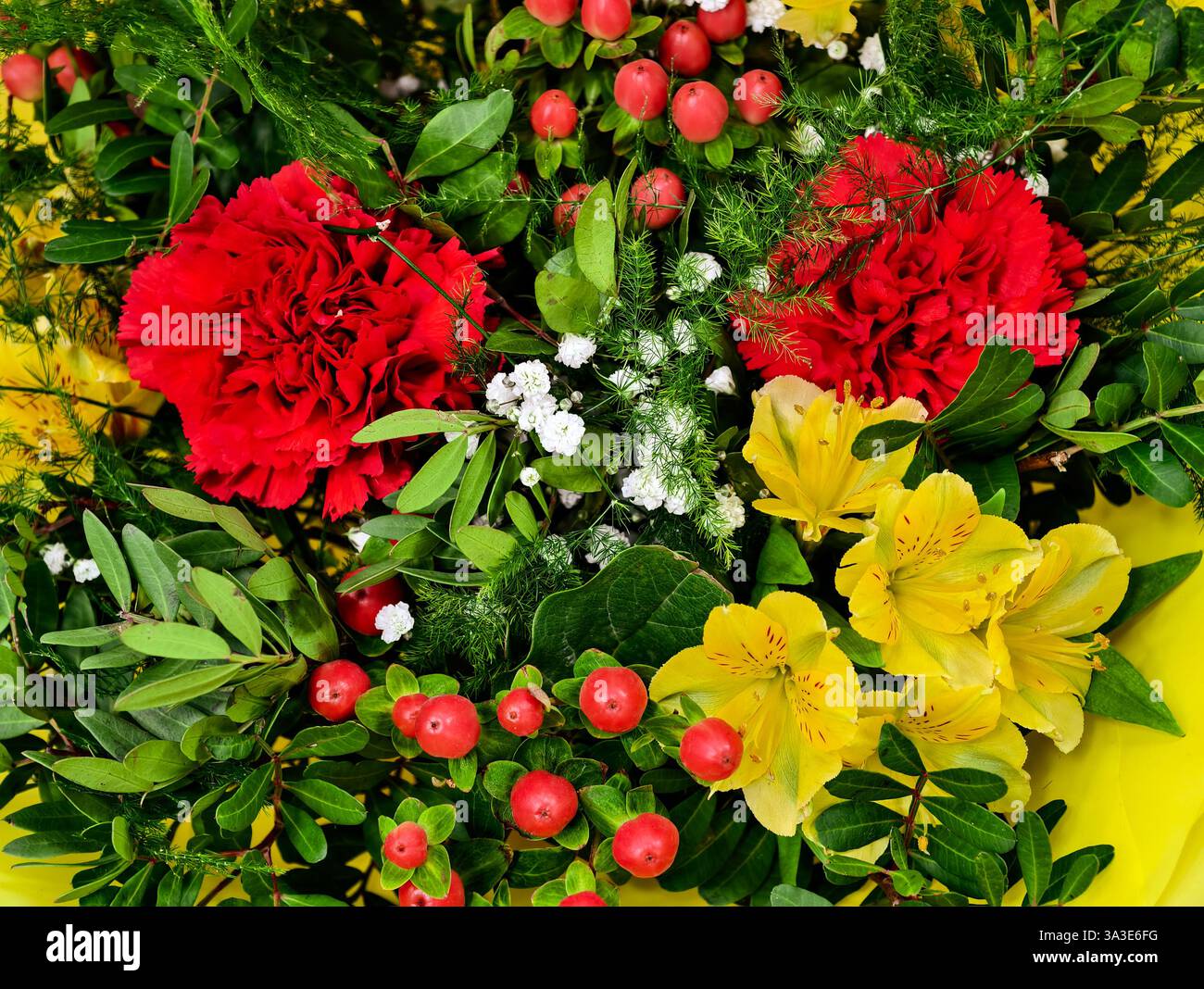 Red Carnations Yellow Lilies Red Berries Baby's Breath Fresh Garden ...