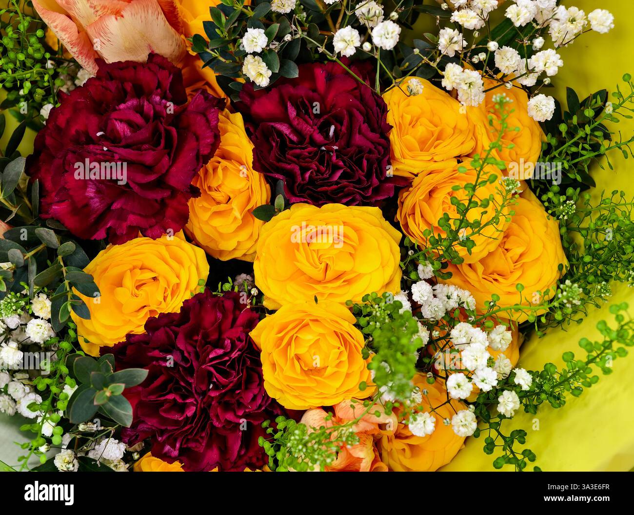 Yellow Roses Burgundy Carnations Baby's Breath Mixed Bouquet Fresh ...