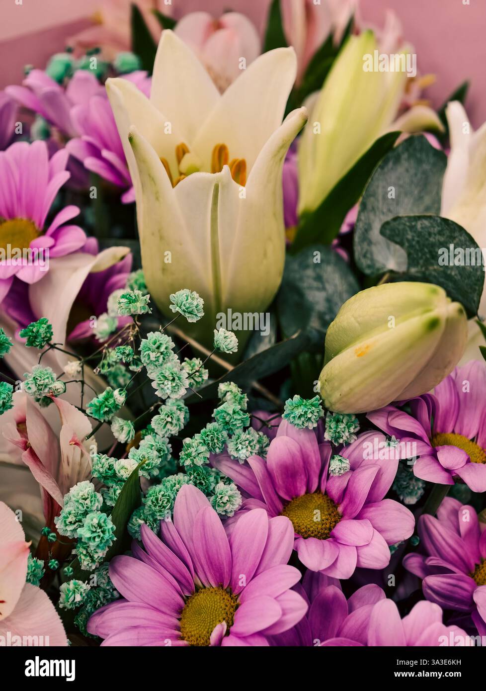 Spring floral bouquet – white lilies, purple daisies, green baby's ...