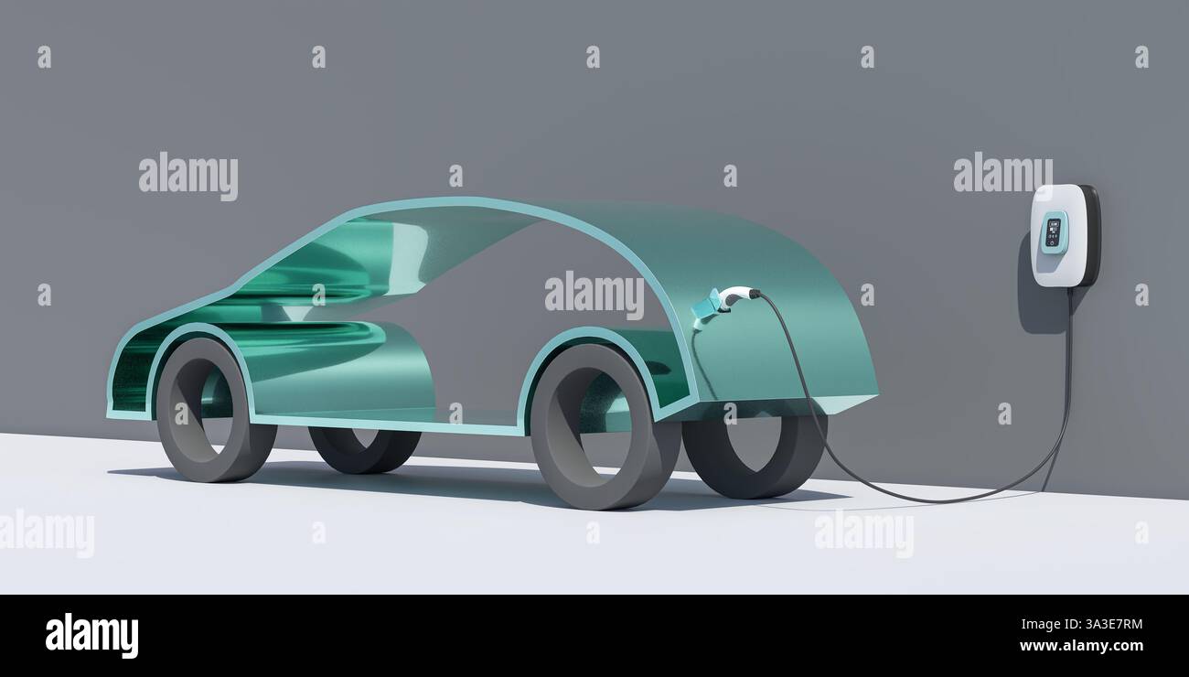 Charging an Electric Vehicle concept. A stylized car attached to a home ...