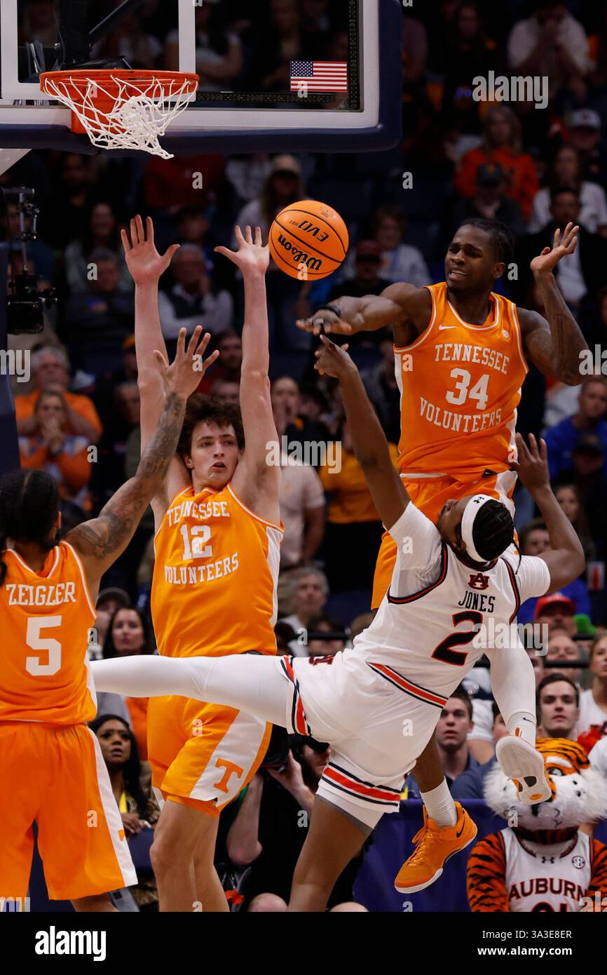 NASHVILLE, TN - MARCH 15: Tennessee Volunteers forward Felix Okpara (34) blocks the shot of a ...