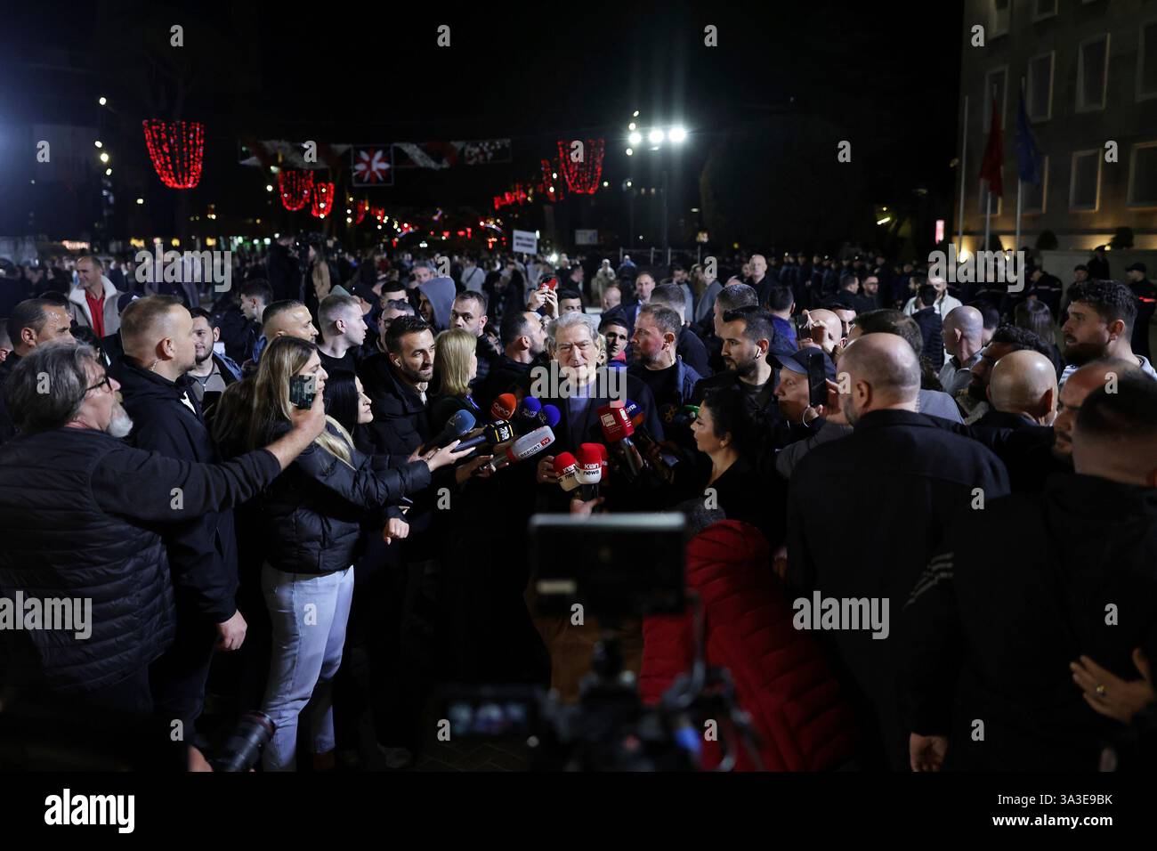 Leader of the Democratic Party, Sali Berisha, makes statements during a ...