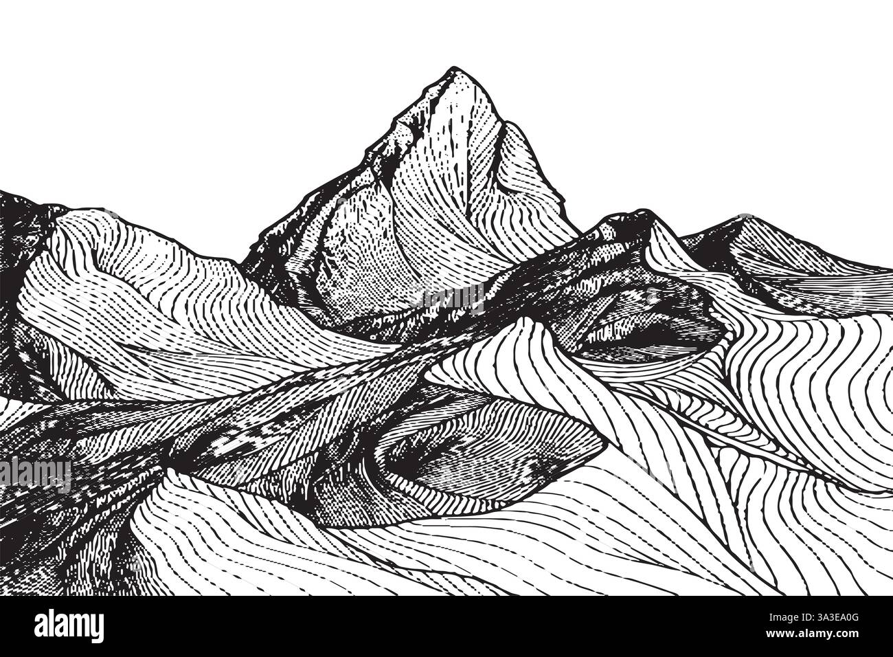 Drawing of mountains isolated on a white background, with a textured ...