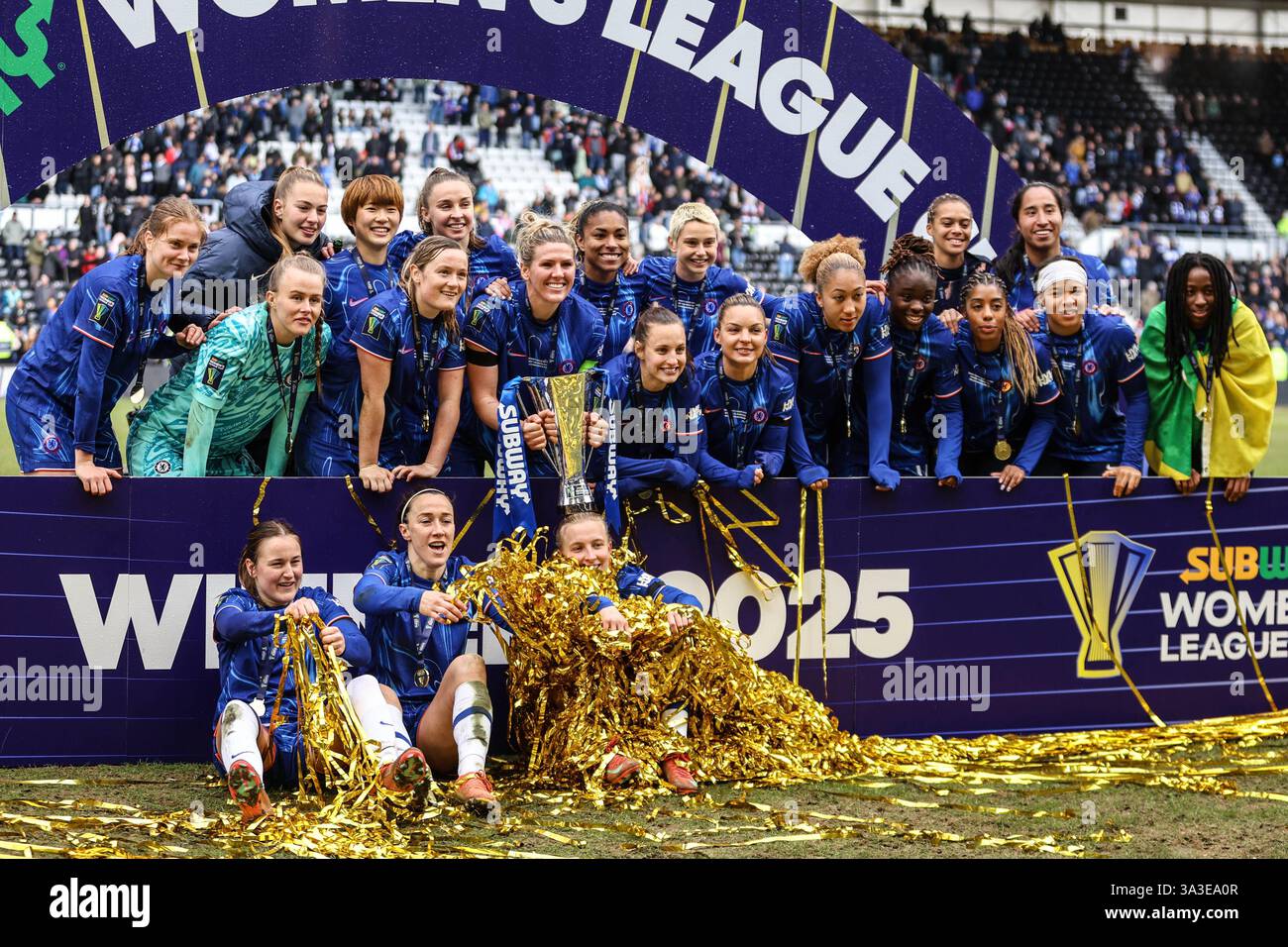 Derby, UK. 15th Mar, 2025. Chelsea celebrate during the Subway Womens ...
