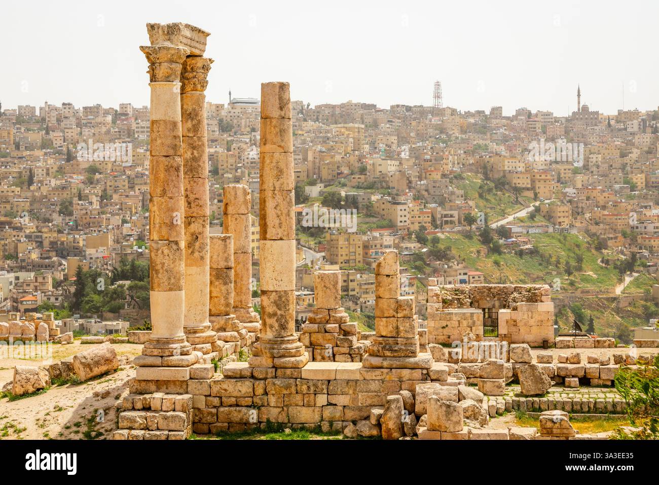 Roman ruined temple columns and many residential houses densily ...