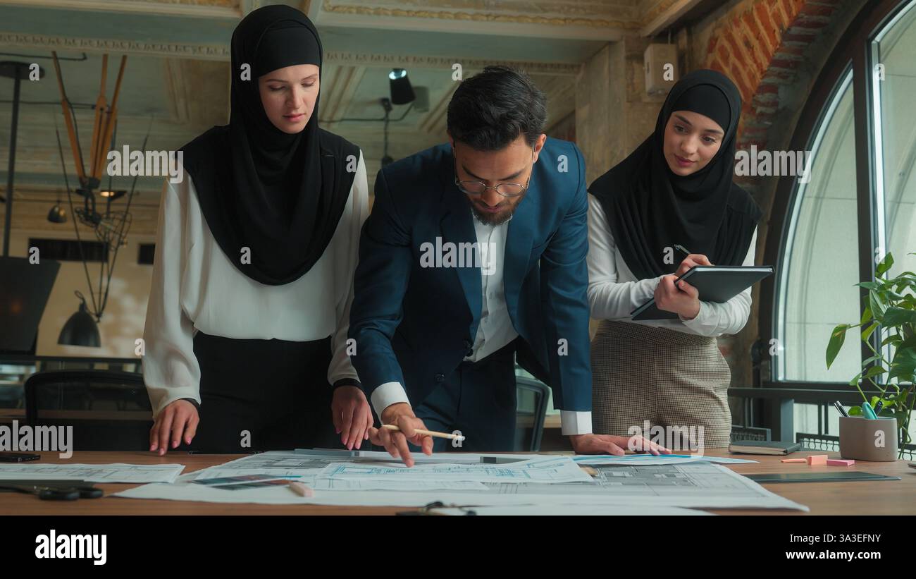 Indian man muslim hijab women business team architects engineers designers builders male female ...