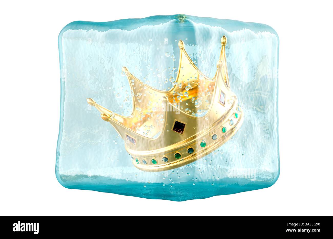 Golden crown frozen in ice cube, 3D rendering isolated on white ...